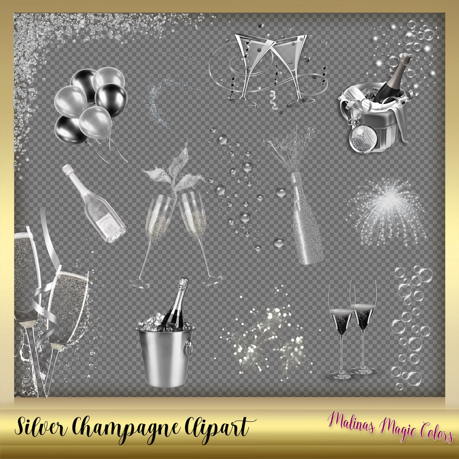 20 Silver Champagne Clipart - Champagne Overlays - Silver Champagne ...