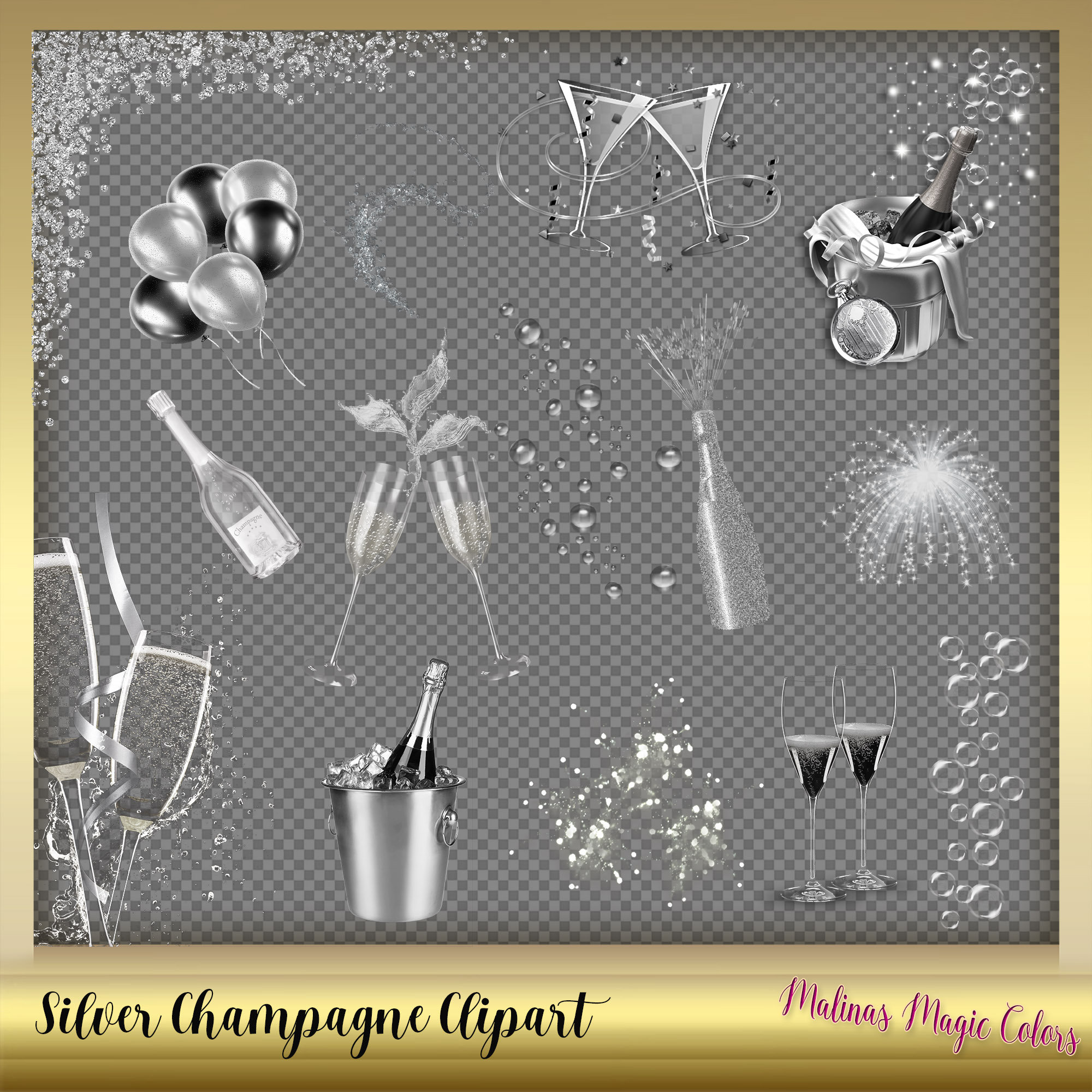 20 Silver Champagne Clipart - Champagne Overlays - Silver Champagne ...