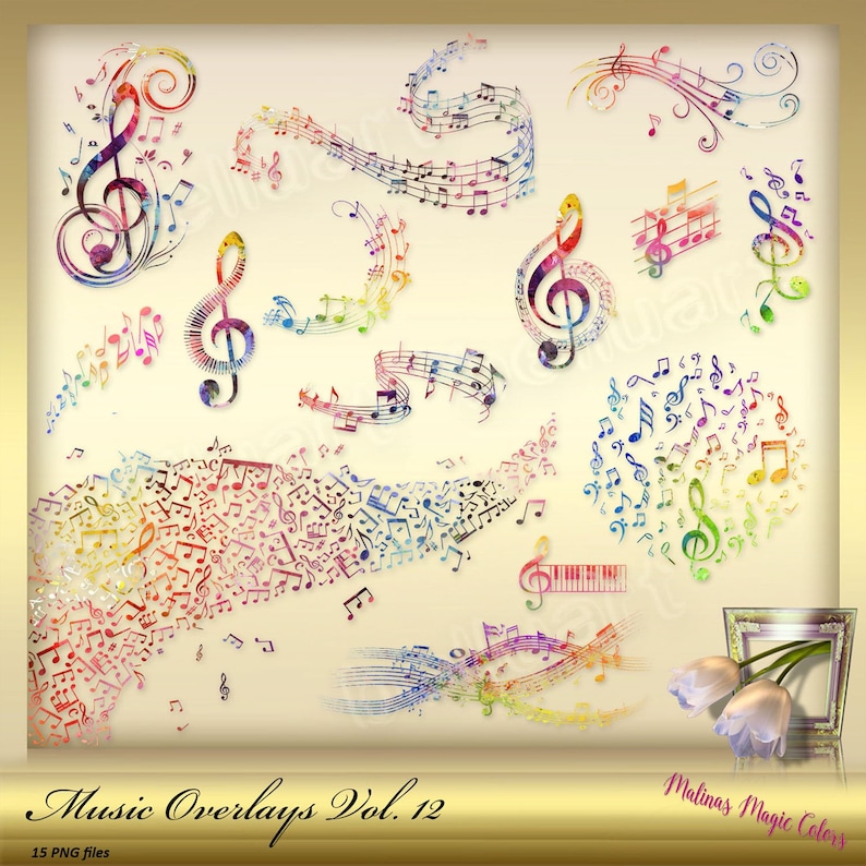15 Music Overlays Vol. 12 - Music Note Clip Art - Colorful Musical ...