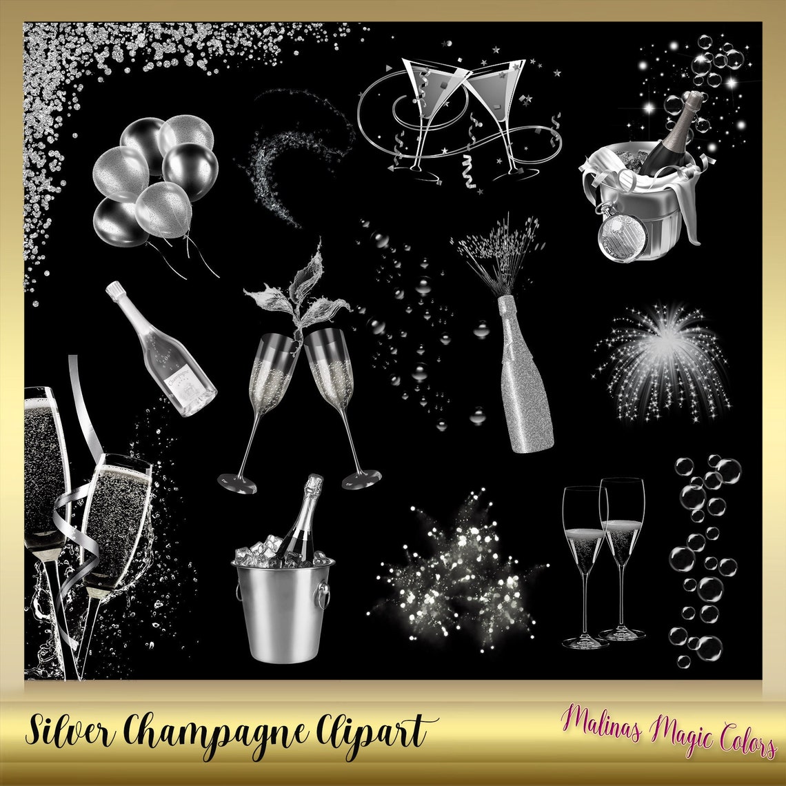 20 Silver Champagne Clipart - Champagne Overlays - Silver Champagne ...