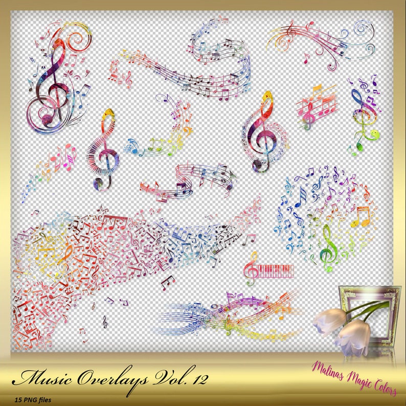 15 Music Overlays Vol. 12 - Music Note Clip Art - Colorful Musical ...