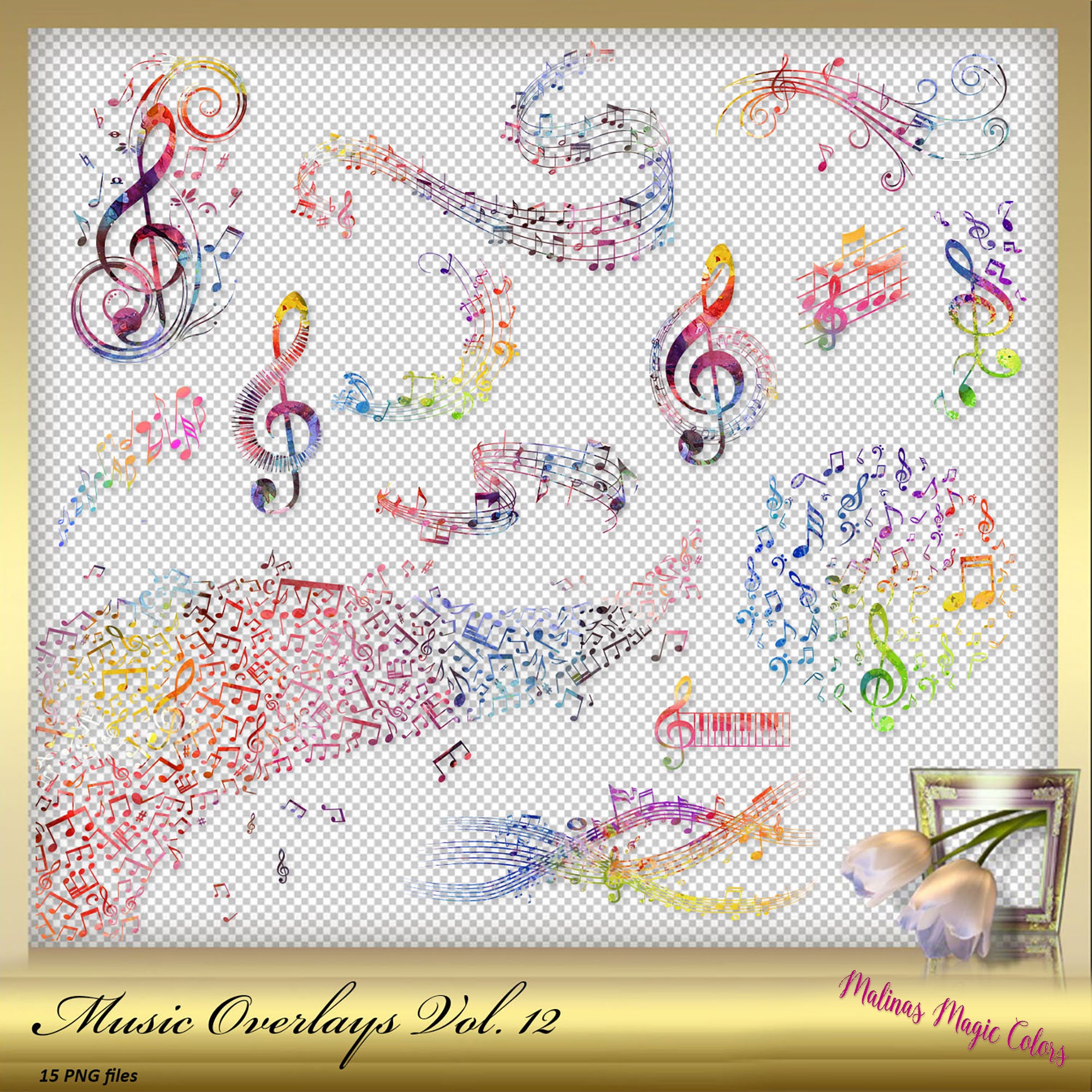 15 Music Overlays Vol. 12 - Music Note Clip Art - Colorful Musical ...