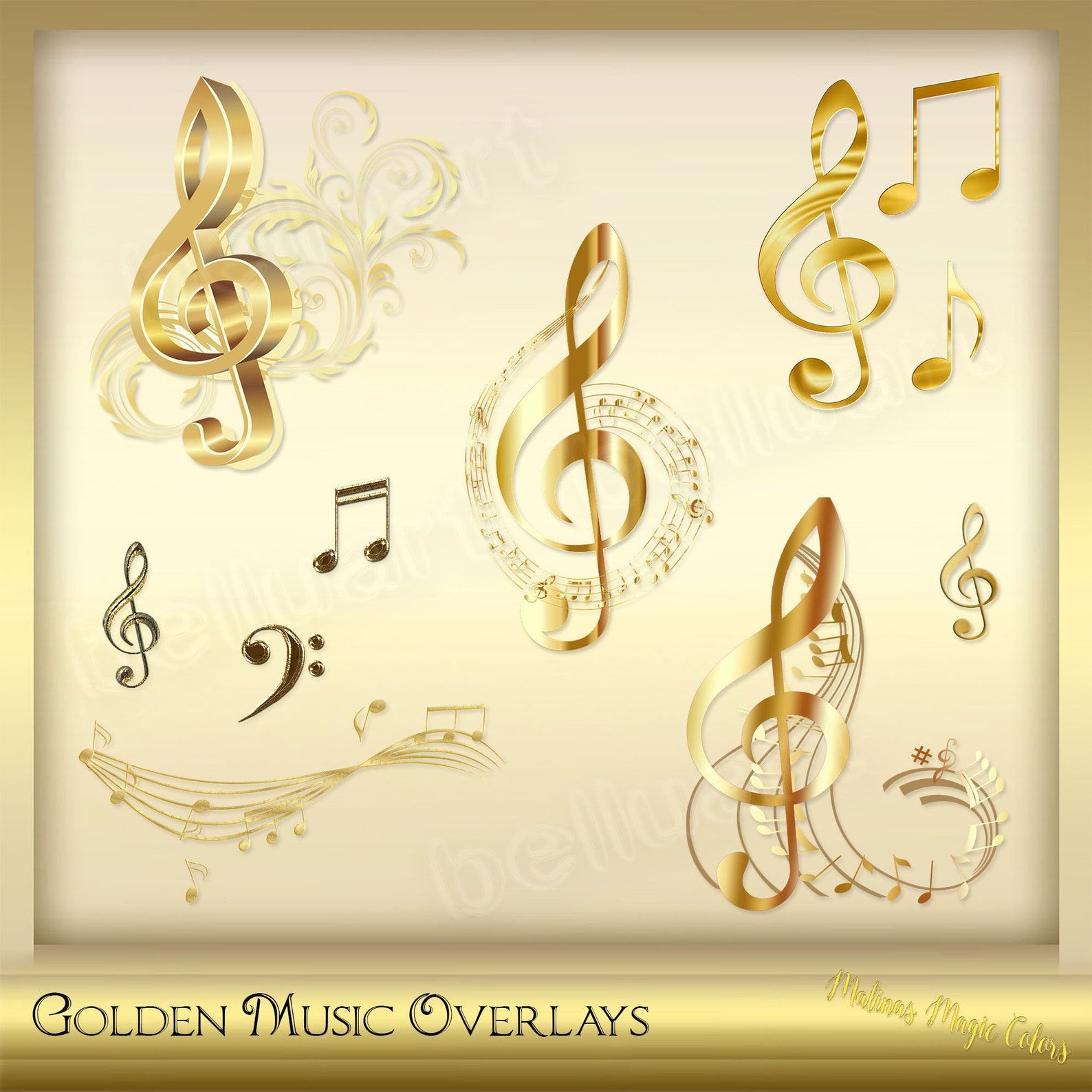 20 Golden Music Overlays - Music Note Clip Art - Golden Musical Notes ...