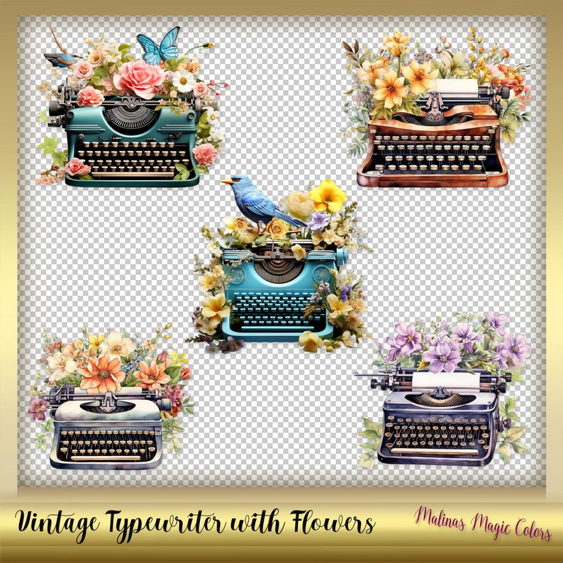 Vintage Typewriter With Flowers Floral Typewriter Clipart Watercolor ...