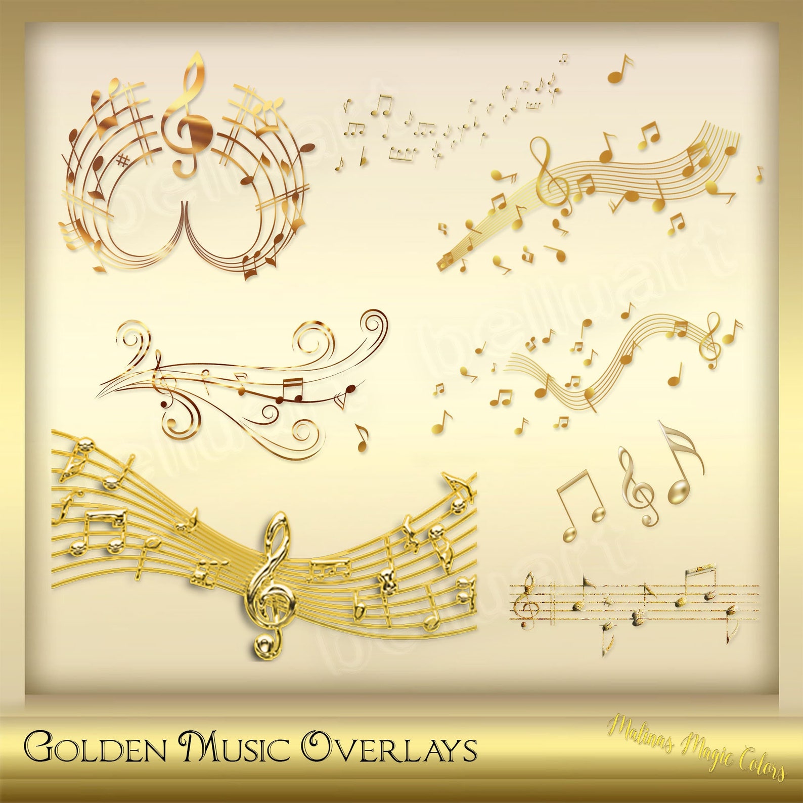 20 Golden Music Overlays - Music Note Clip Art - Golden Musical Notes ...