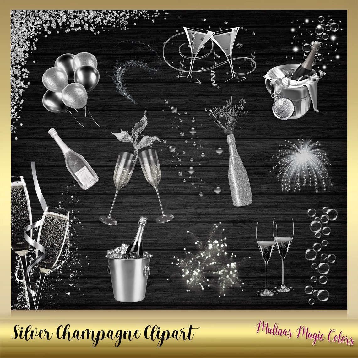 20 Silver Champagne Clipart - Champagne Overlays - Silver Champagne ...