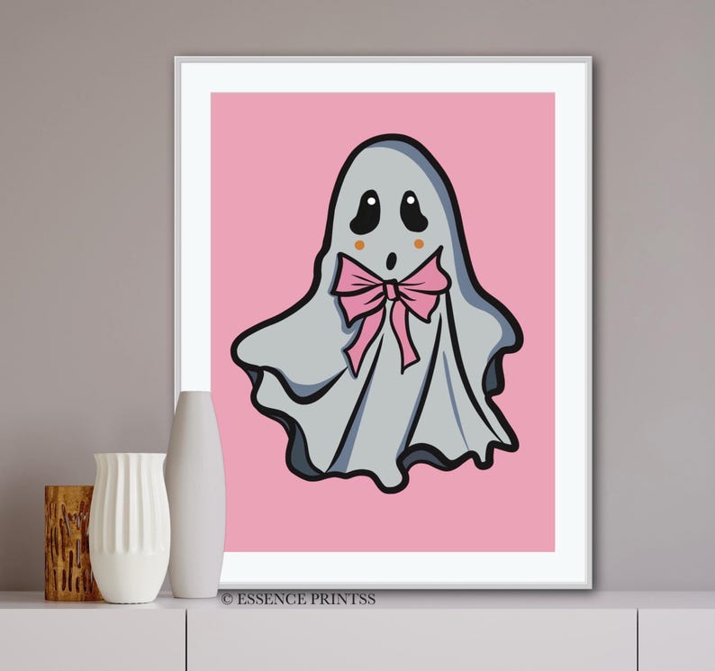 Pink Ghost Art, Kids Halloween Art, Nursery Room Print, Coquette Art ...