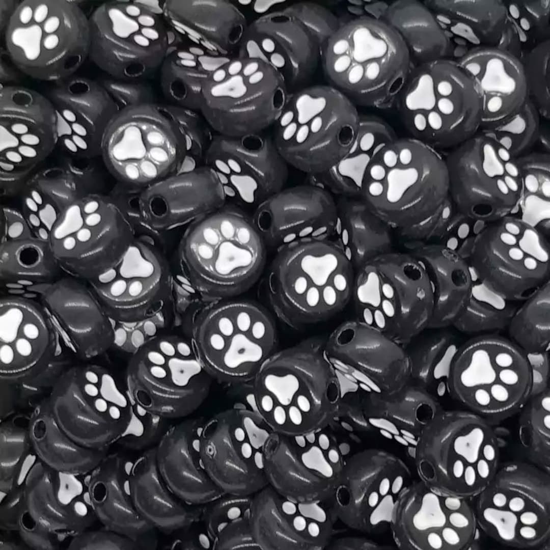100 Flat Black Beads With Dog Paw Prints 100 Pieces of Paw Print Beads ...