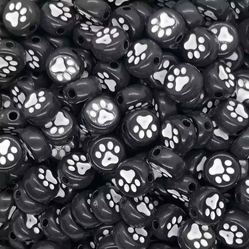 100 Flat Black Beads With Dog Paw Prints 100 Pieces of Paw Print Beads ...