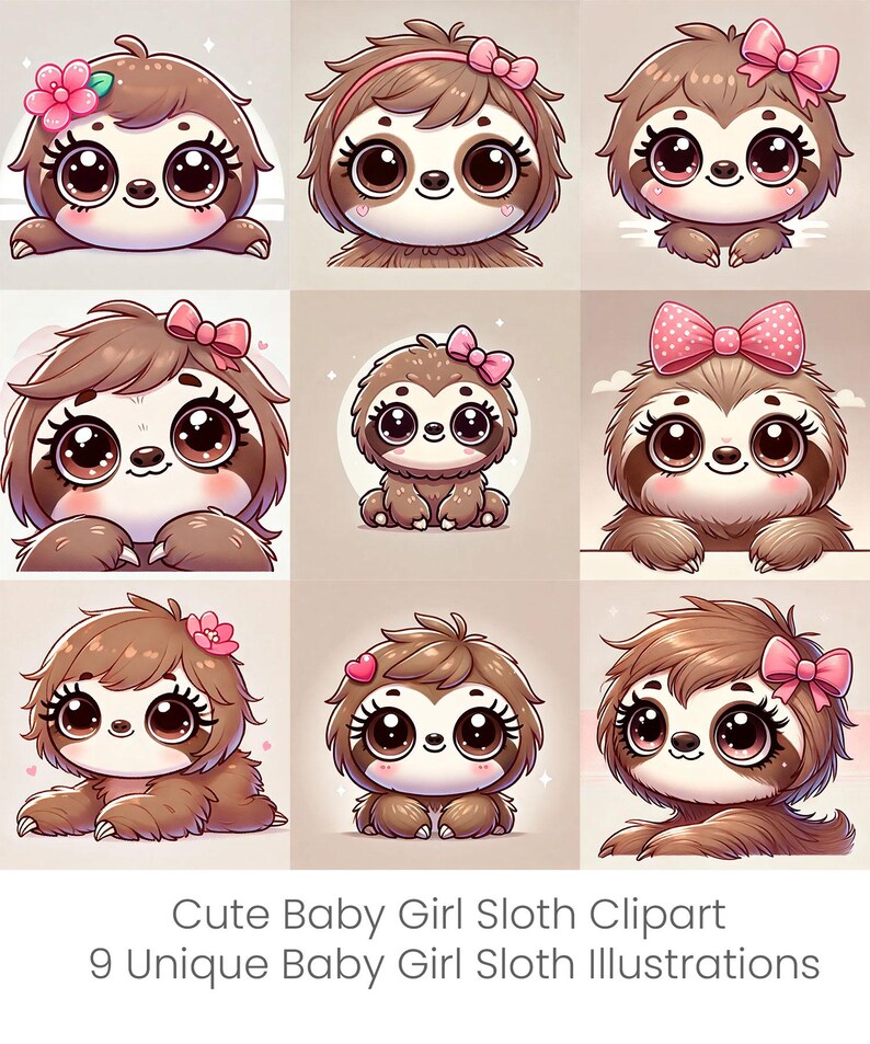 Cute Baby Girl Sloth Clipart | Minimalist Sloth Illustration | Digital ...
