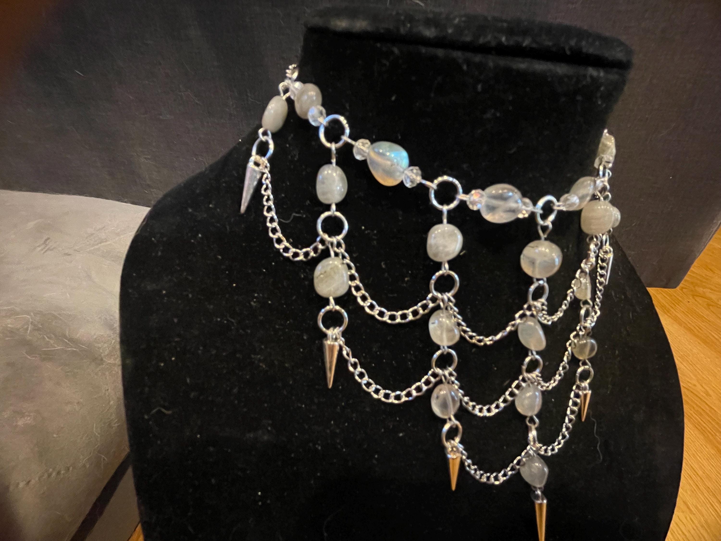 Edgy Elegance: Spiked and Beaded Chain Necklace. Labradorite and ...