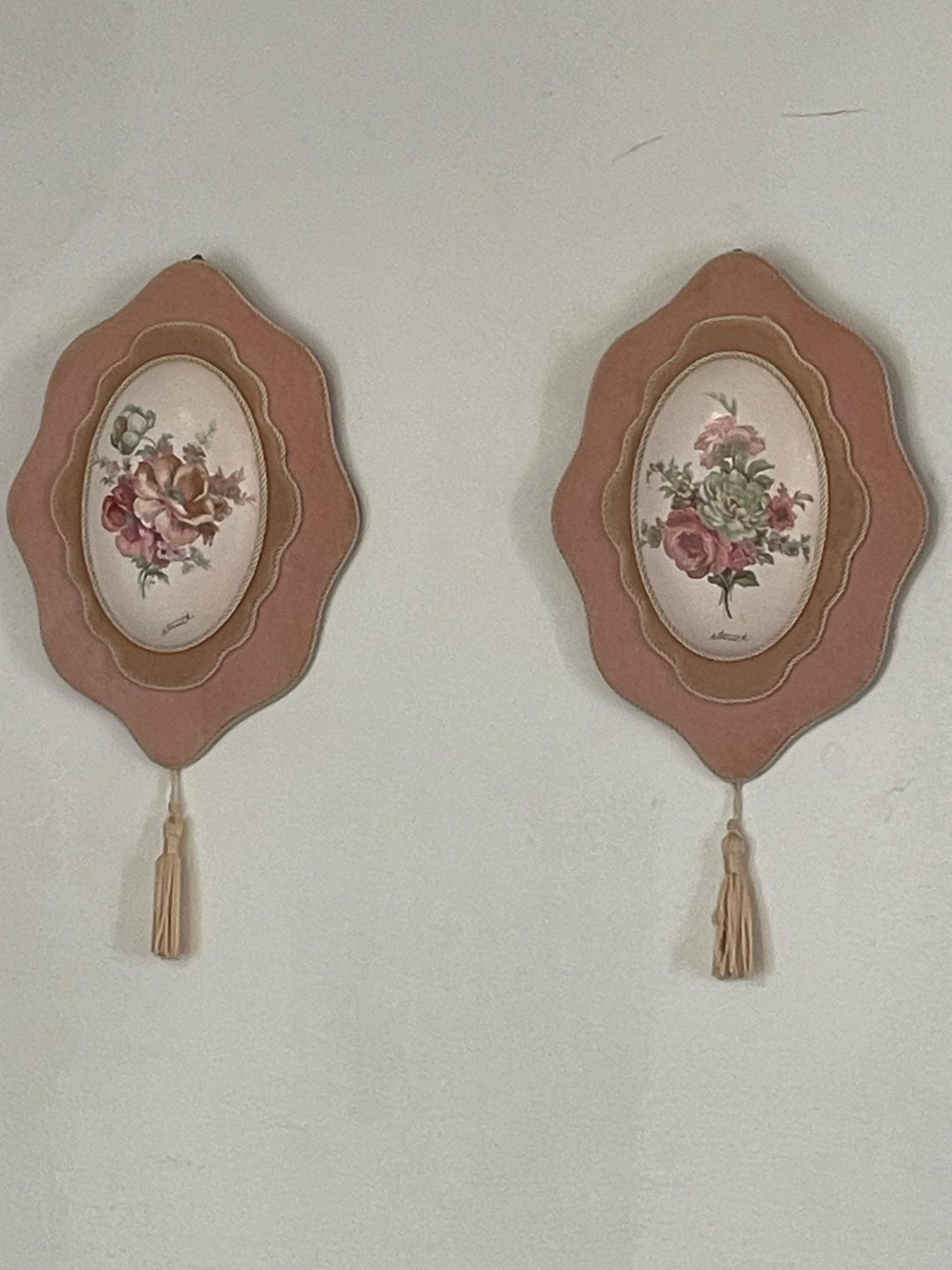 Truschi Hand Painted Porcelain and Velvet Wall Plaque Pair - Etsy