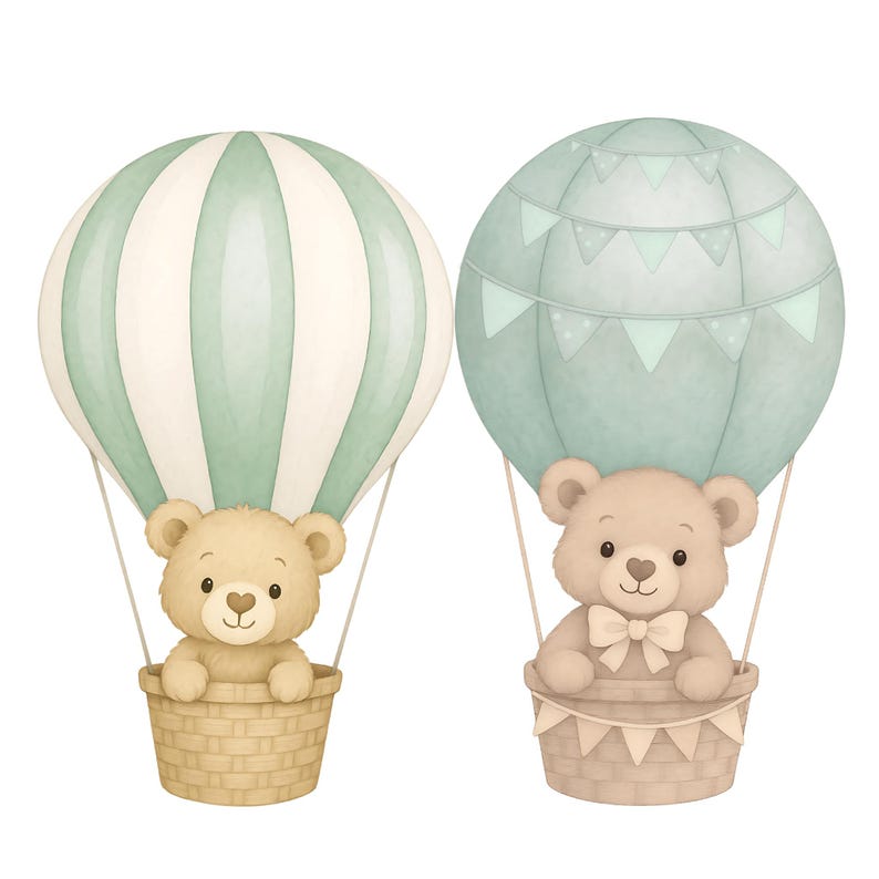 Teddy Bear Hot Air Balloon Clipart, Watercolor Teddy Bear Boy Baby Shower Blue, Green, Neutral ...