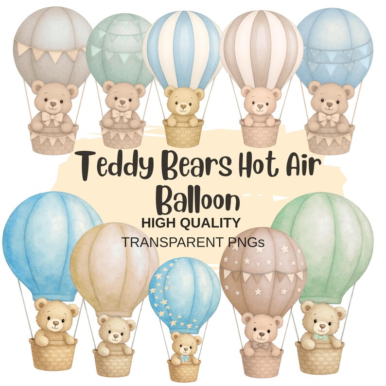 Teddy Bear Hot Air Balloon Clipart, Watercolor Teddy Bear Boy Baby Shower Blue, Green, Neutral ...
