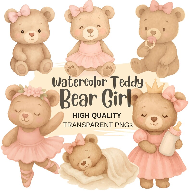 Watercolor Teddy Bear Pink Girl Clipart, Cute Teddy Bear Baby Girl Baby ...