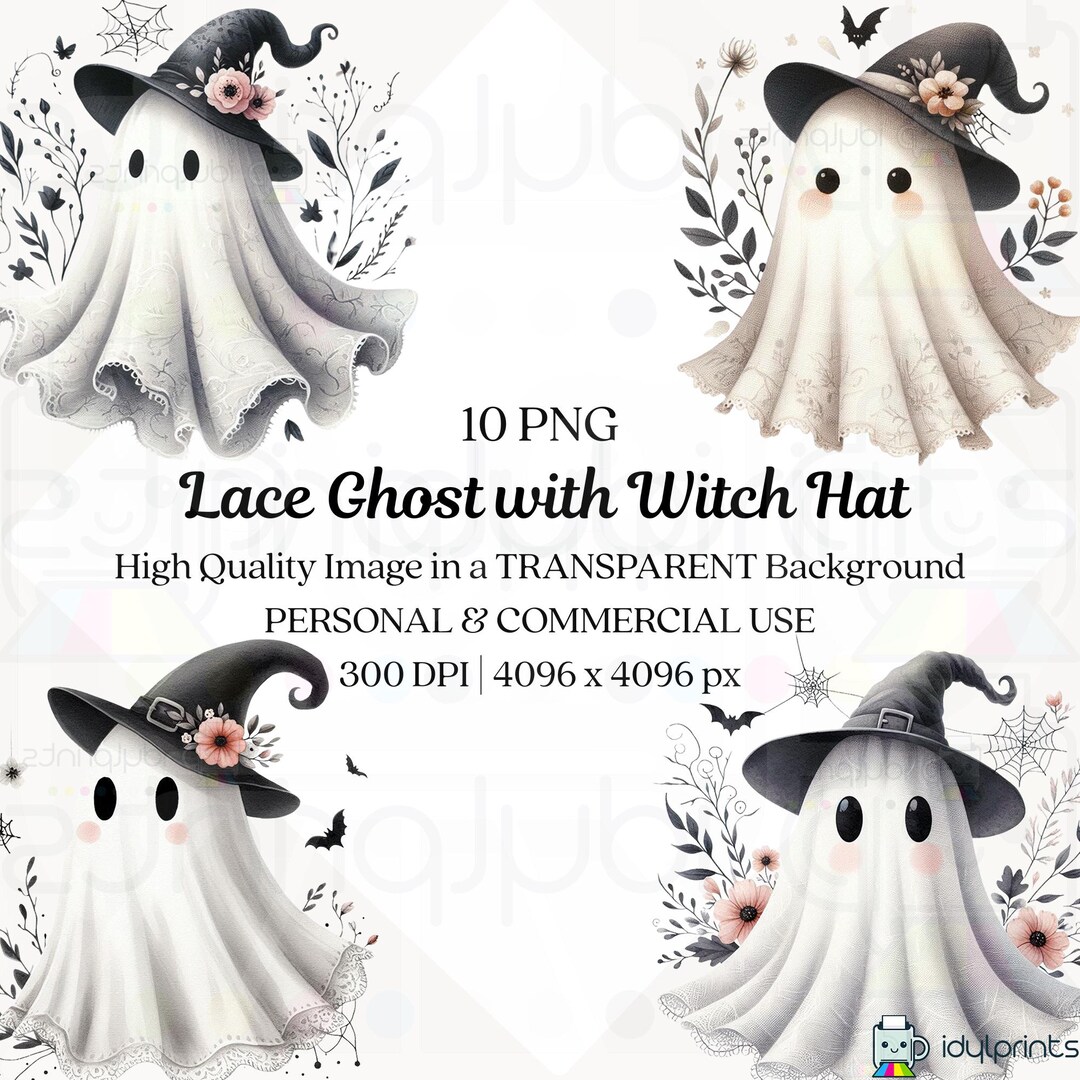 Lace Ghost With Witch Hat Clipart, 10 PNG 300 DPI Watercolor Whimsical ...