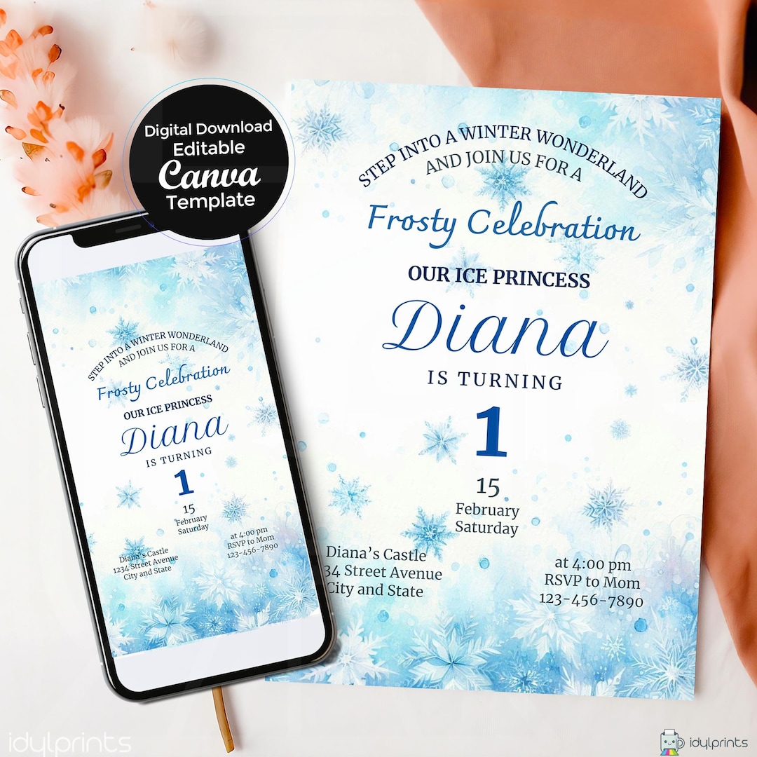 Editable Blue Ice Crystal Princess Birthday Invitation, Enchanting ...
