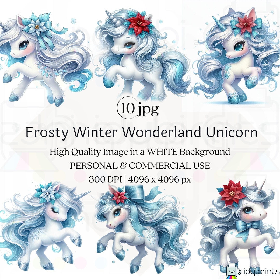 Winter Wonderland Unicorn Clipart, Frosty Ice Watercolor Baby Unicorns ...