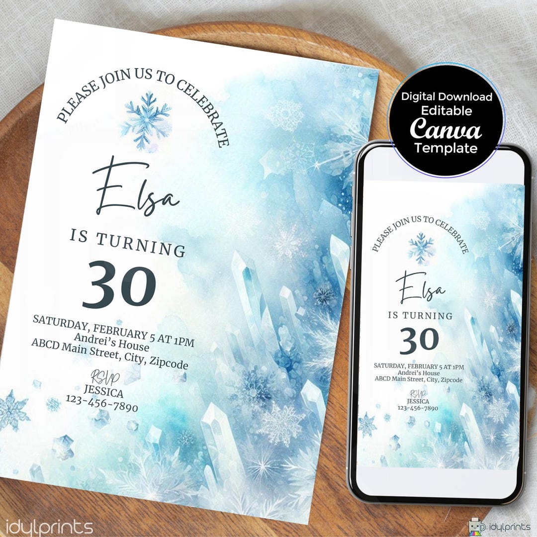Editable Ice Princess Birthday 30th Invitation, Enchanting Frosty Snow ...