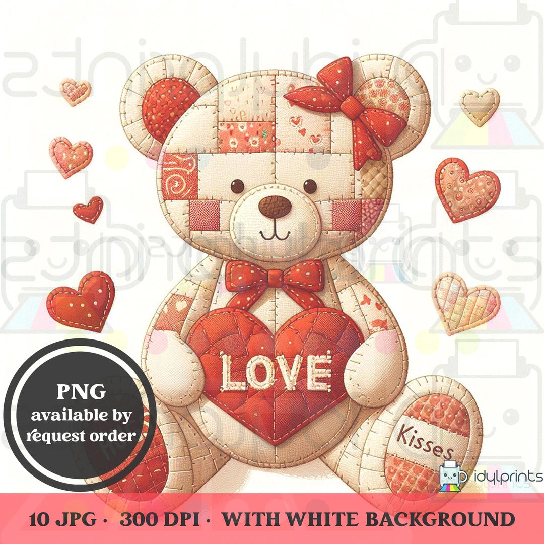 Cozy Patchwork Cream Teddy Bear Clipart, Whimsical Quilt Bears ...