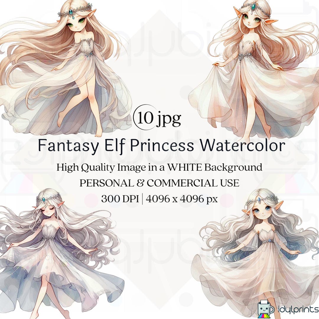 Watercolor Fantasy Elf Princess Clipart, 10 JPG 300 DPI Printable ...