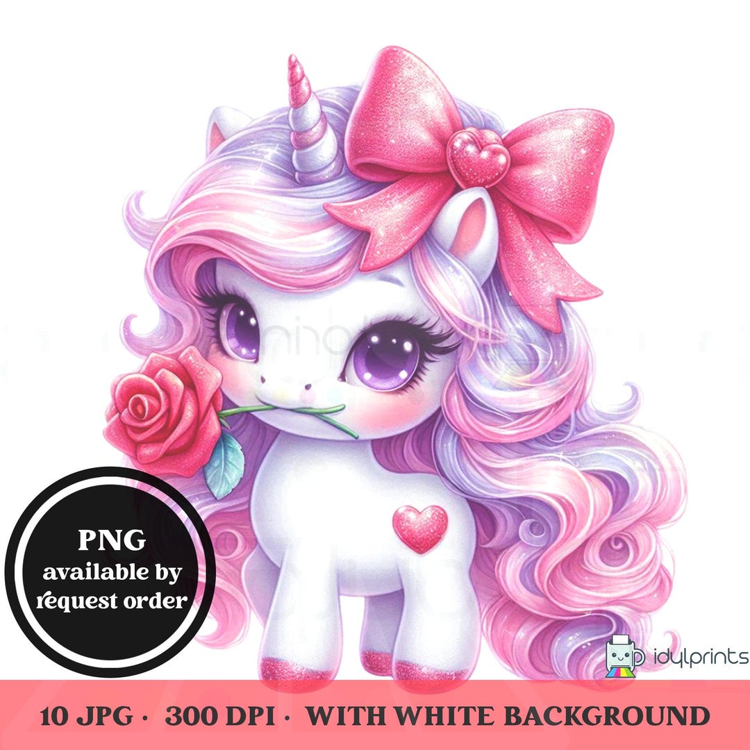 Little Pink Unicorns With Red Rose Baby Shower Clipart, Watercolor ...