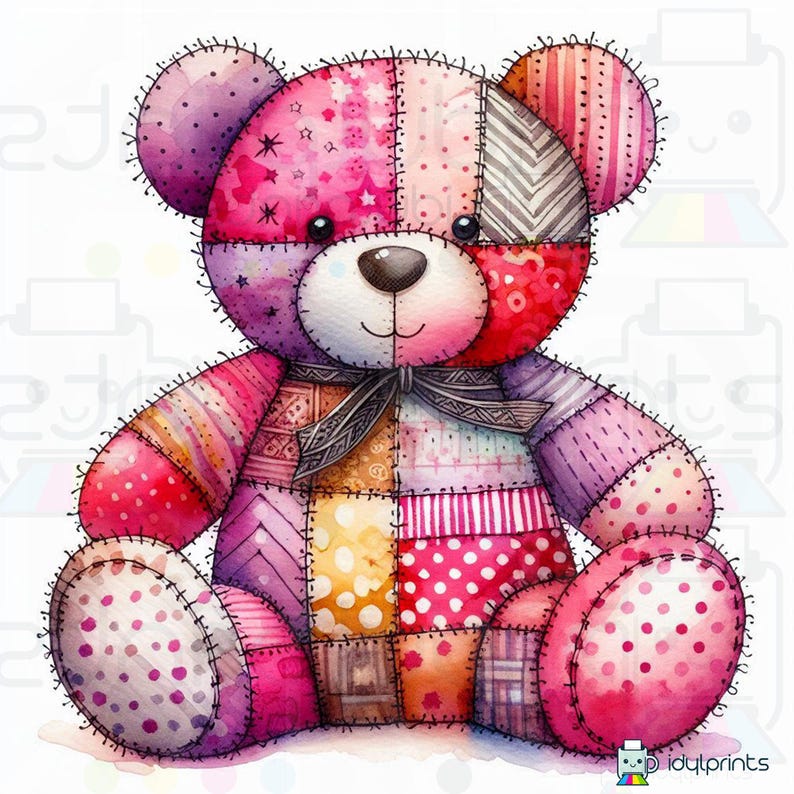 Patchwork Teddy Bear Clipart, Whimsical Watercolor Quilt Bears ...