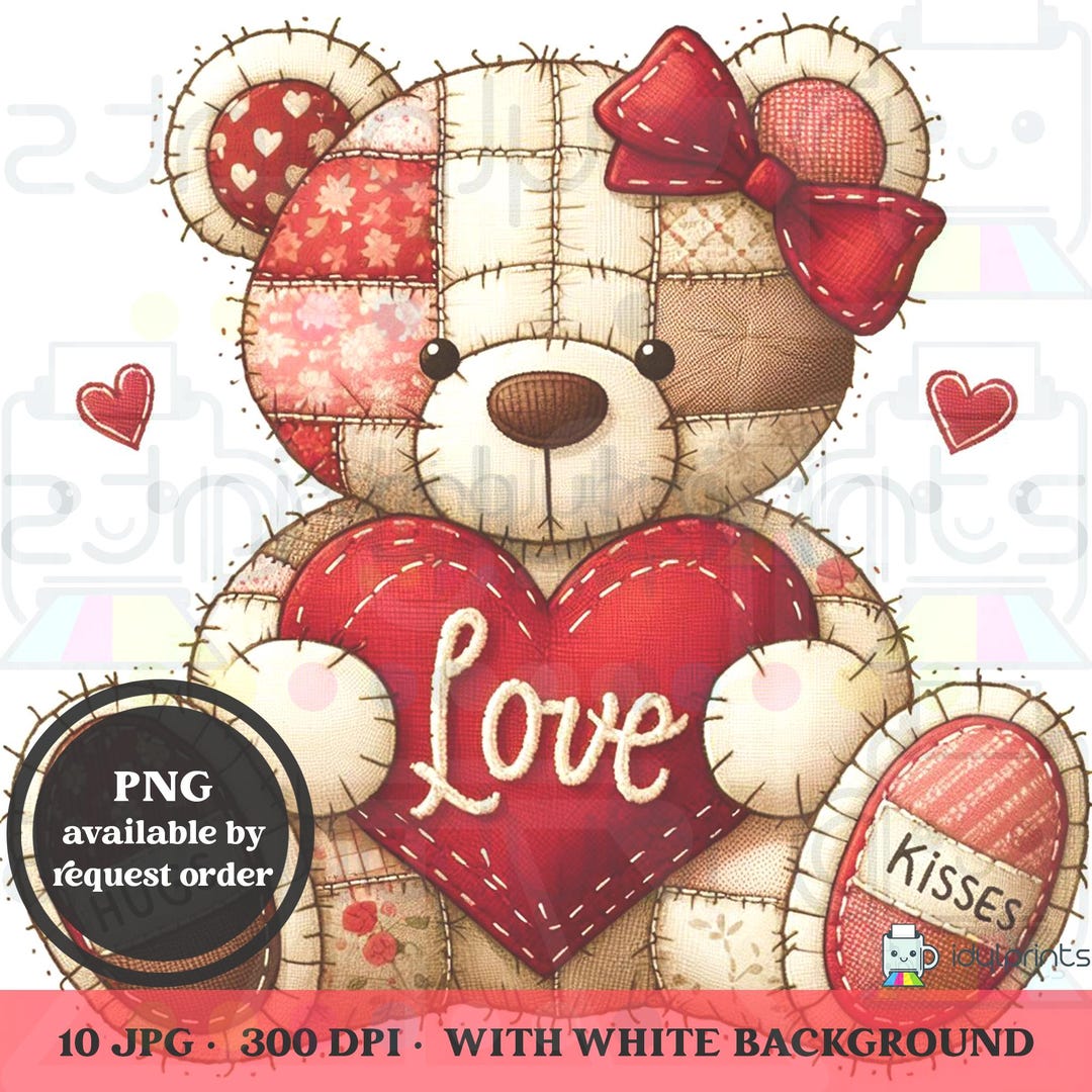 Whimsical Cozy Patchwork Cream Teddy Bear Clipart, Quilt Bears ...