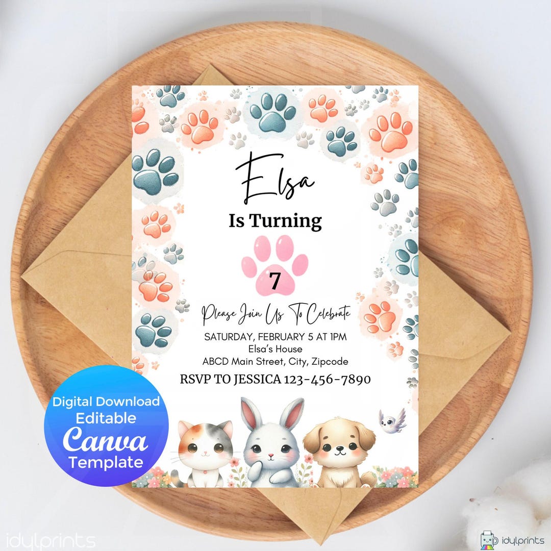 Editable Birthday Invitation Template, Pets Animal Kids Party Birthday ...