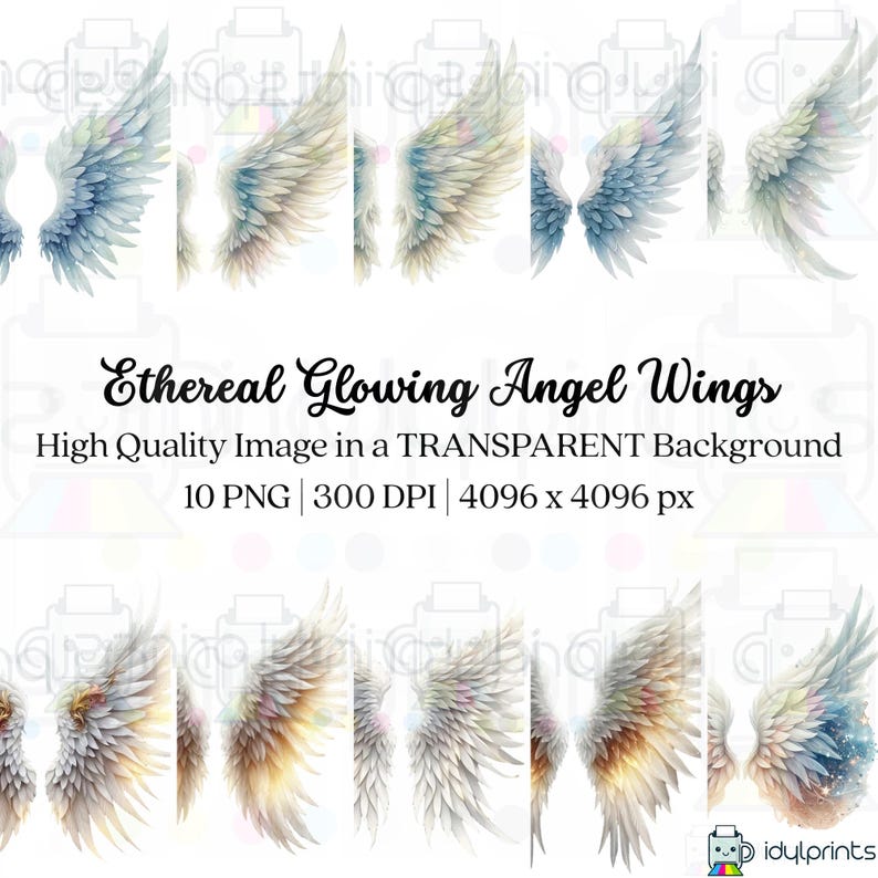 Ethereal Glowing Angel Wings Clipart, 10 PNG 300 DPI Watercolor White ...