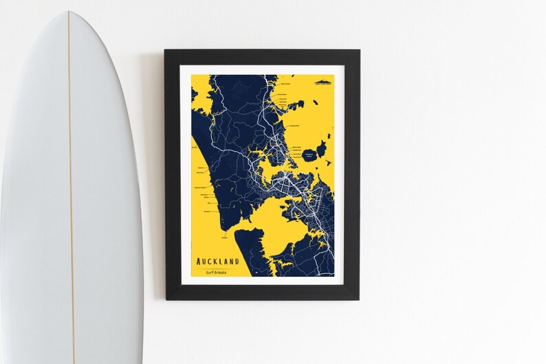 Surf Map of Auckland New Zealand Surf Spots Gift for Surfers Wall Decor ...