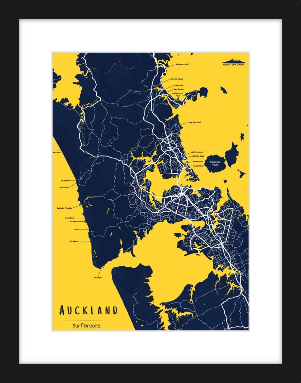 Surf Map of Auckland New Zealand Surf Spots Gift for Surfers Wall Decor ...