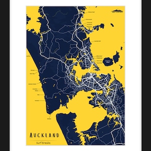 Surf Map of Auckland New Zealand Surf Spots Gift for Surfers Wall Decor ...