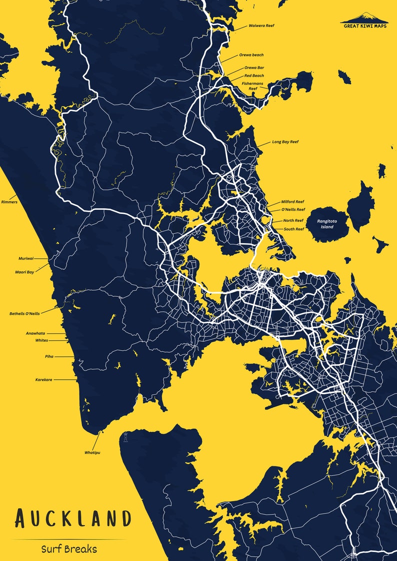 Surf Map of Auckland New Zealand Surf Spots Gift for Surfers Wall Decor ...