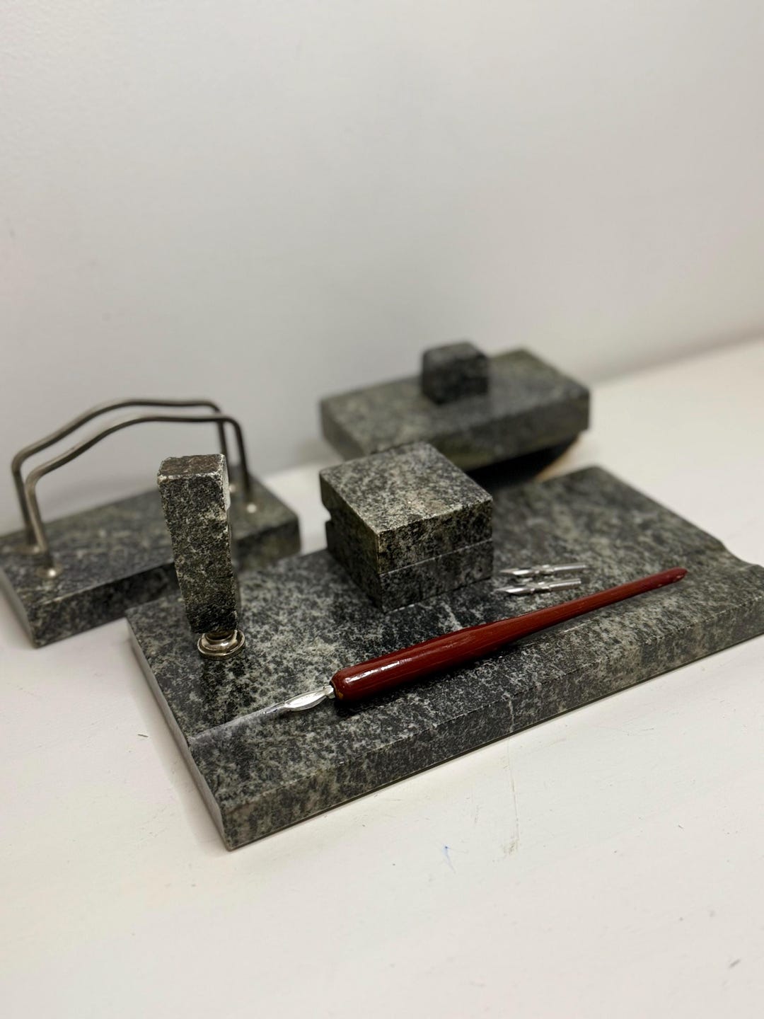 Vintage Marble Desk Set Organiser - Blotter, Pen Holder, Paper Holder ...