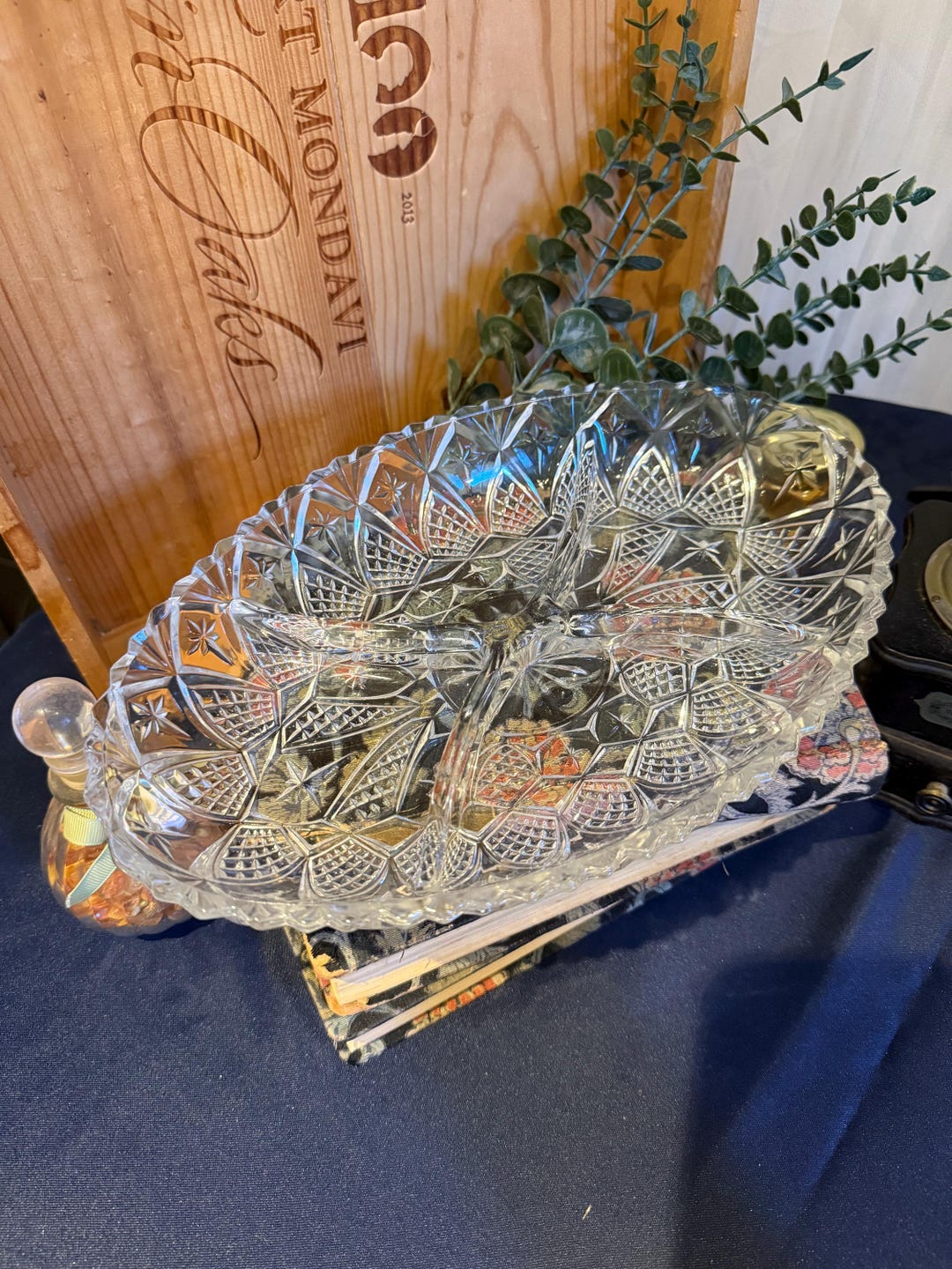 Vintage Cut Glass Divided Serving Tray, Crystal Relish Dish, Midcentury ...