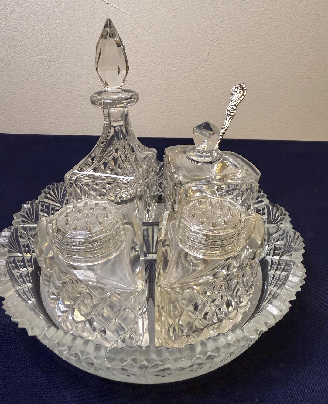 Vintage Cut Glass Crystal Table/cruet Set of 6 Oil/vinegar Cruet. Salt ...