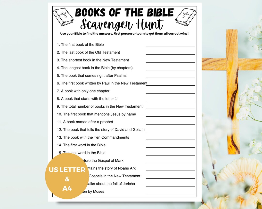 Books of the Bible Scavenger Hunt Game, Printable Bible Trivia for ...