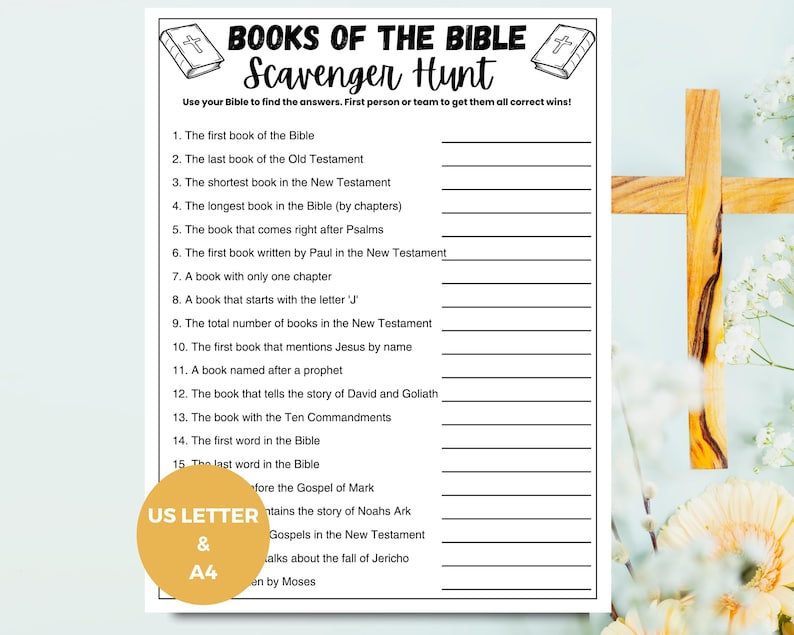 Books of the Bible Scavenger Hunt Game, Printable Bible Trivia for ...