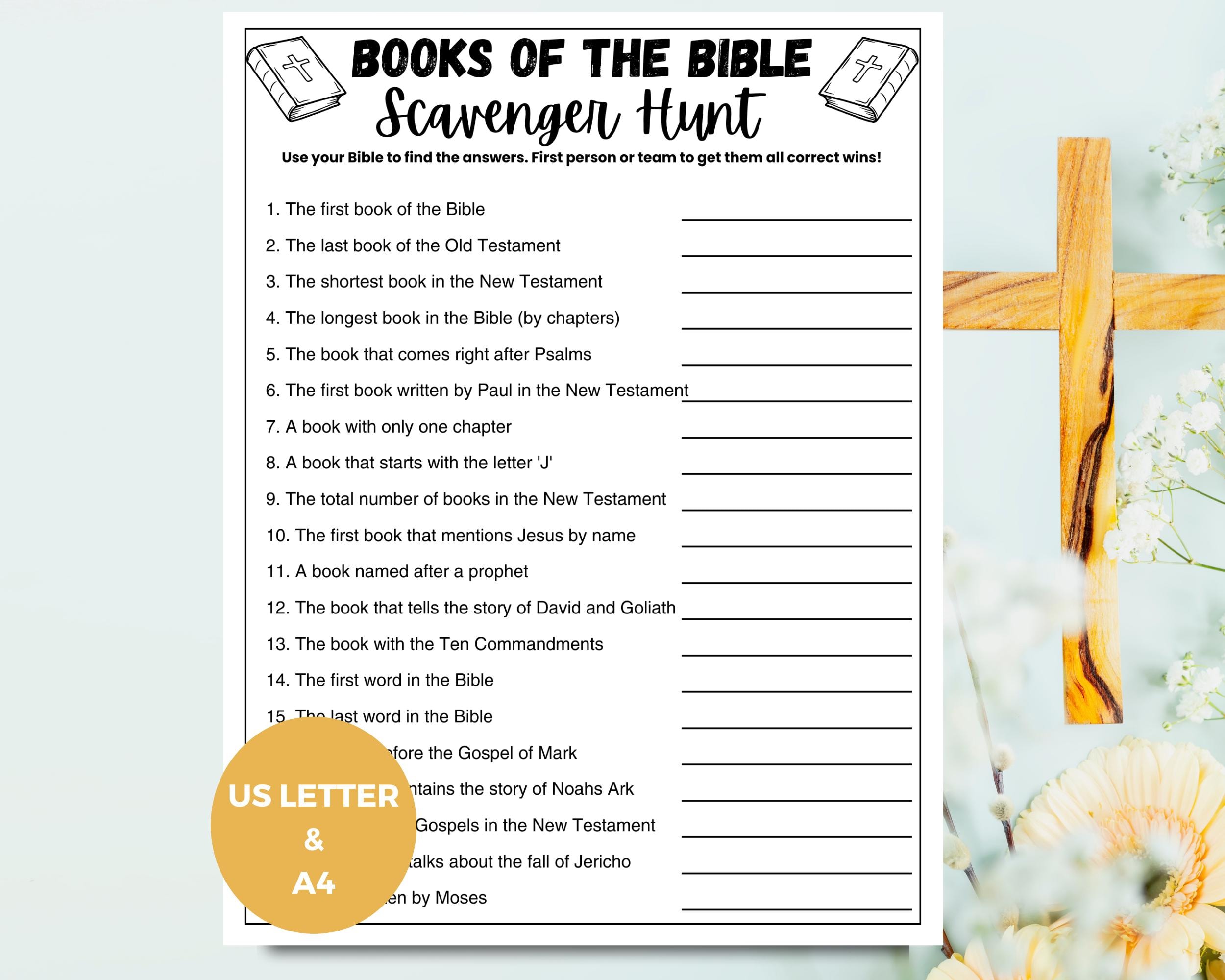 Books of the Bible Scavenger Hunt Game, Printable Bible Trivia for ...