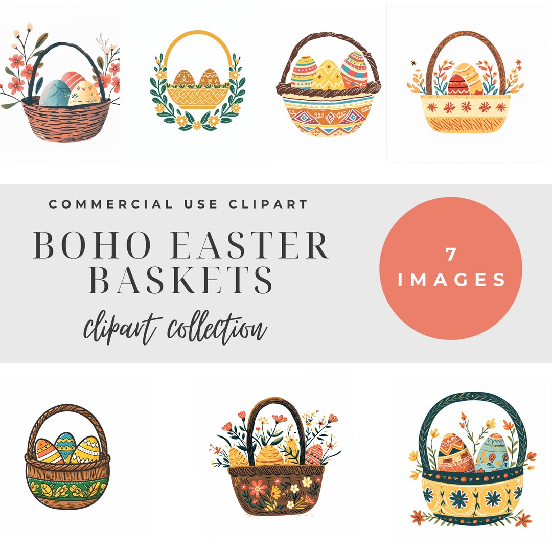 Boho Easter Baskets Clipart Collection, Digital Bohemian Easter Eggs ...