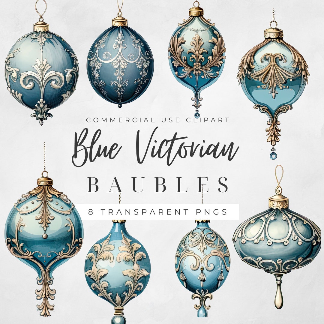 Blue Pastel Victorian Christmas Ornament Clip Art Set, Elegant Festive ...