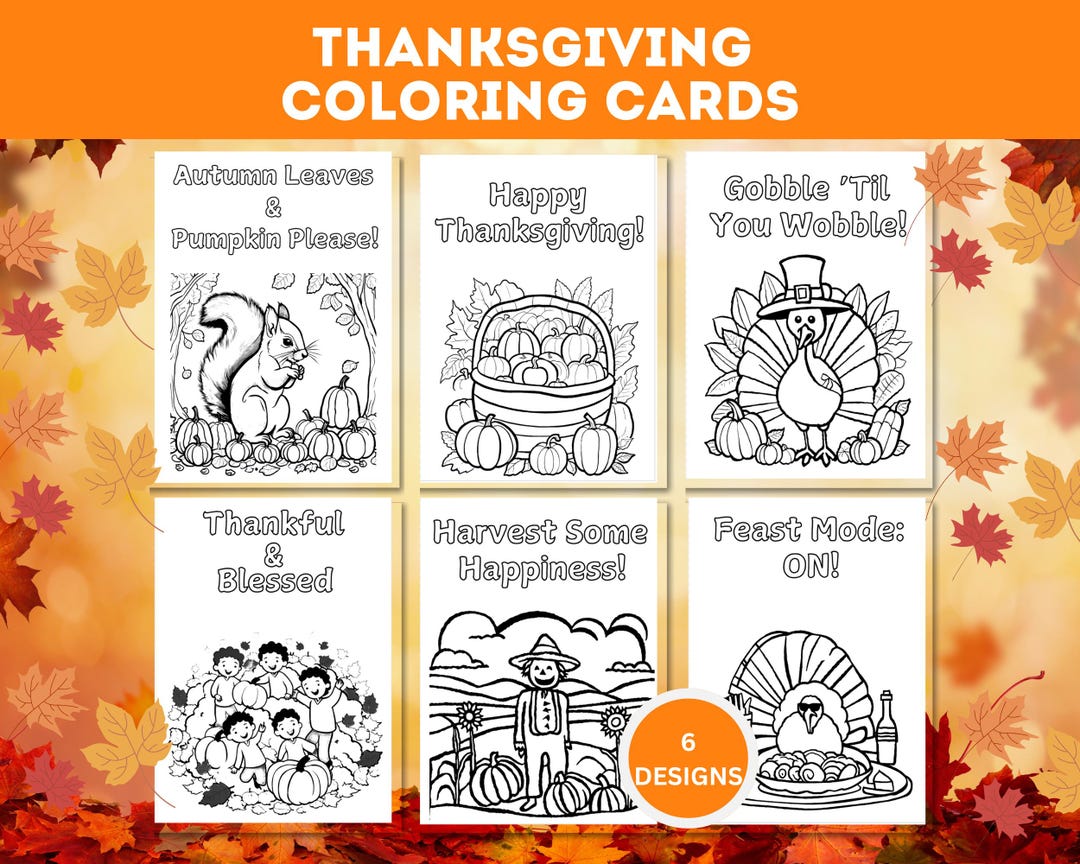 Thanksgiving Coloring Card, Kid's Thanksgiving Coloring Activity, 6 ...