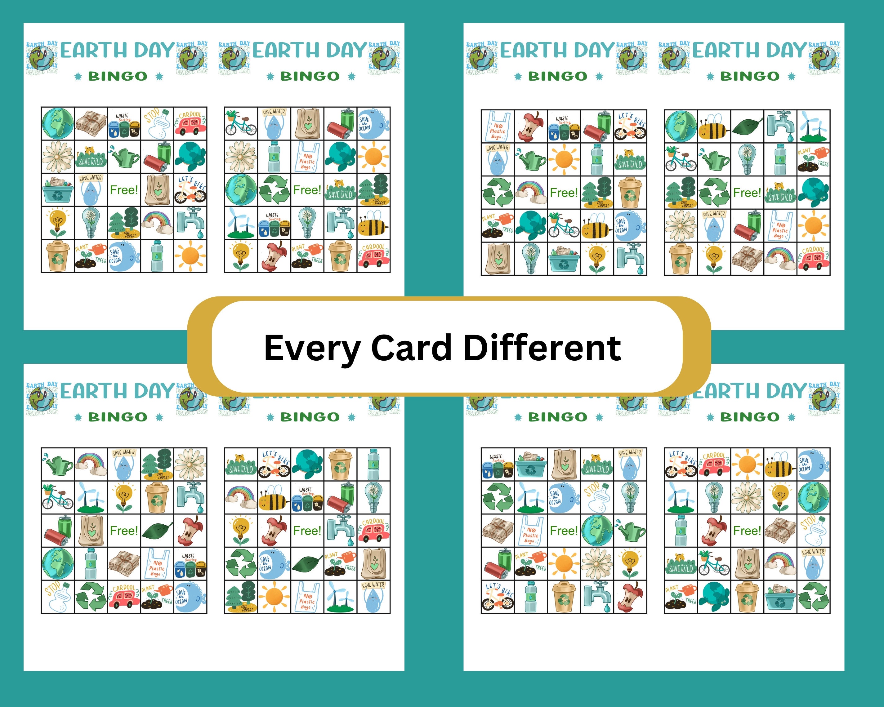 60 Earth Day Bingo Game With Call Cards, 2 Cards per Page, US Letter ...