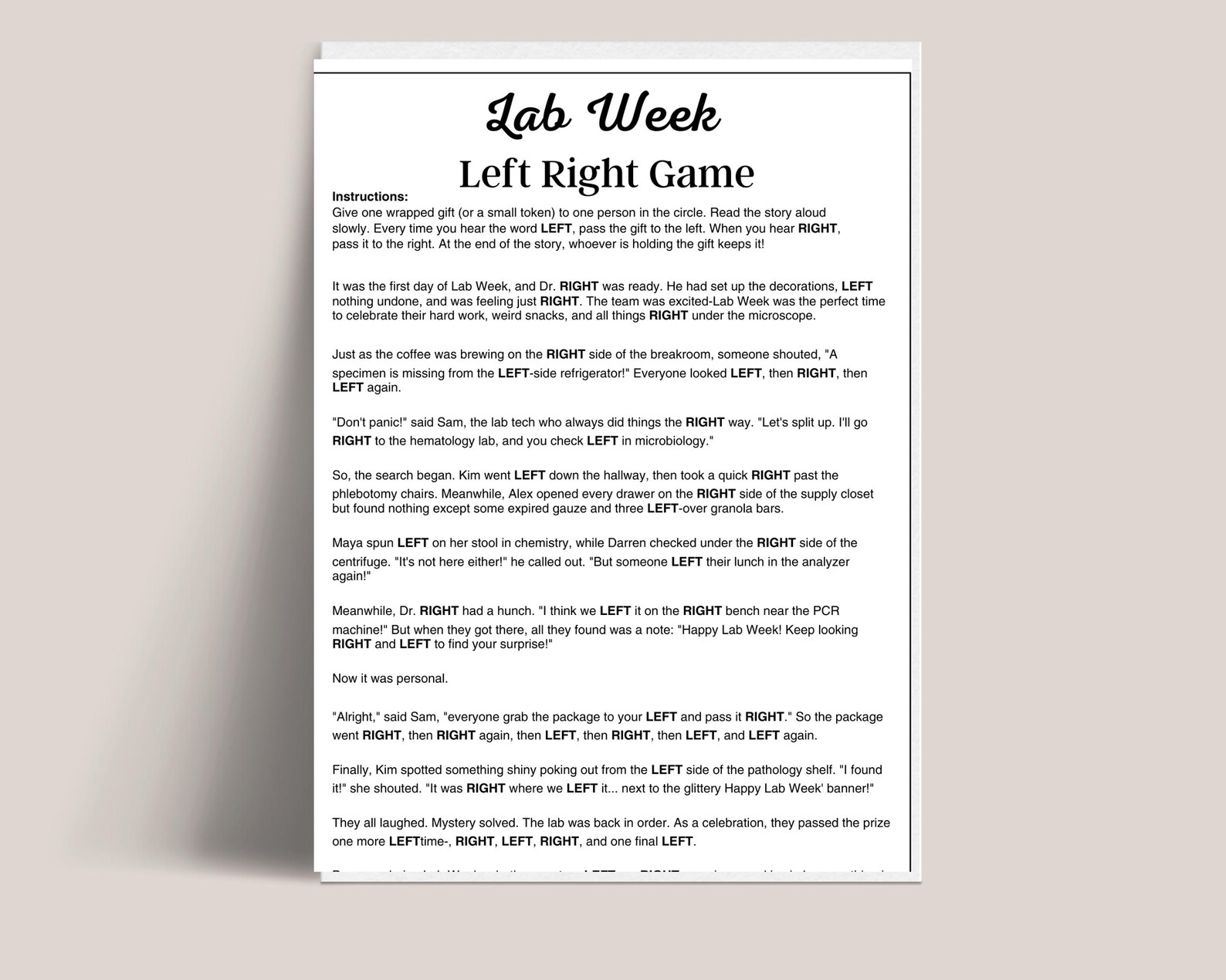Lab Week Game Left Right Game Printable Funny Lab Tech Appreciation ...