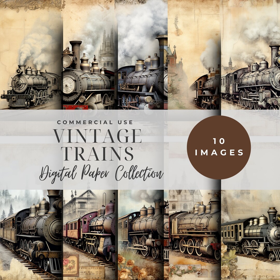 Vintage Train Digital Paper Collection, High-res Printable Scrapbooking ...