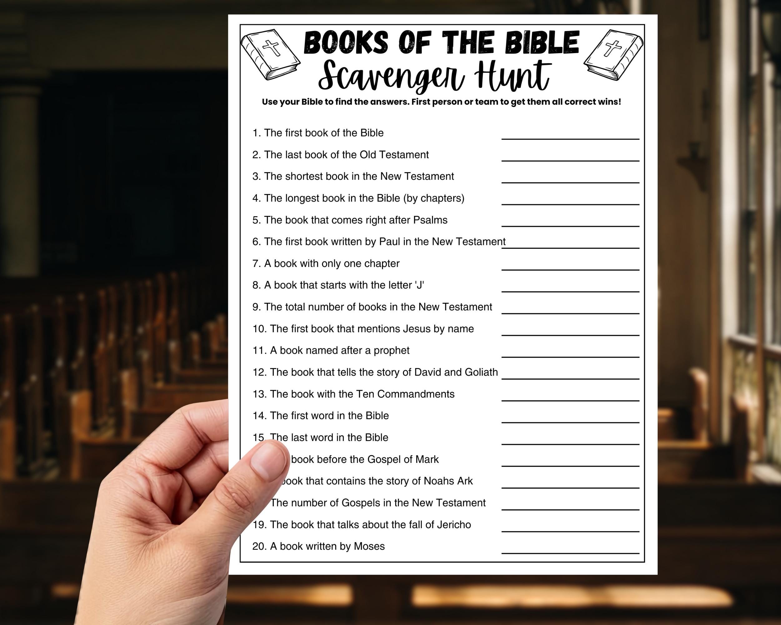 Books of the Bible Scavenger Hunt Game, Printable Bible Trivia for ...