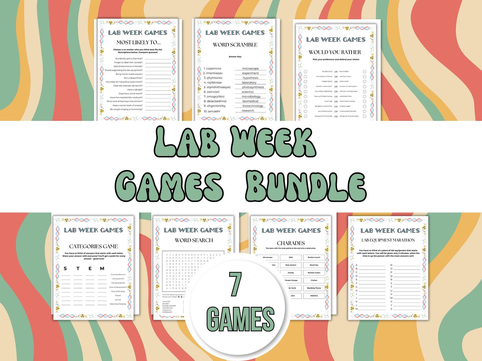 Printable Lab Week 7 Games Bundle, 2025 Lab Week, Co-worker Games, Laboratory Week Activities ...