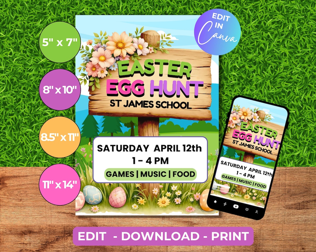 Easter Egg Hunt Flyer Canva, Easter Party Invitation, Church Fundraiser ...