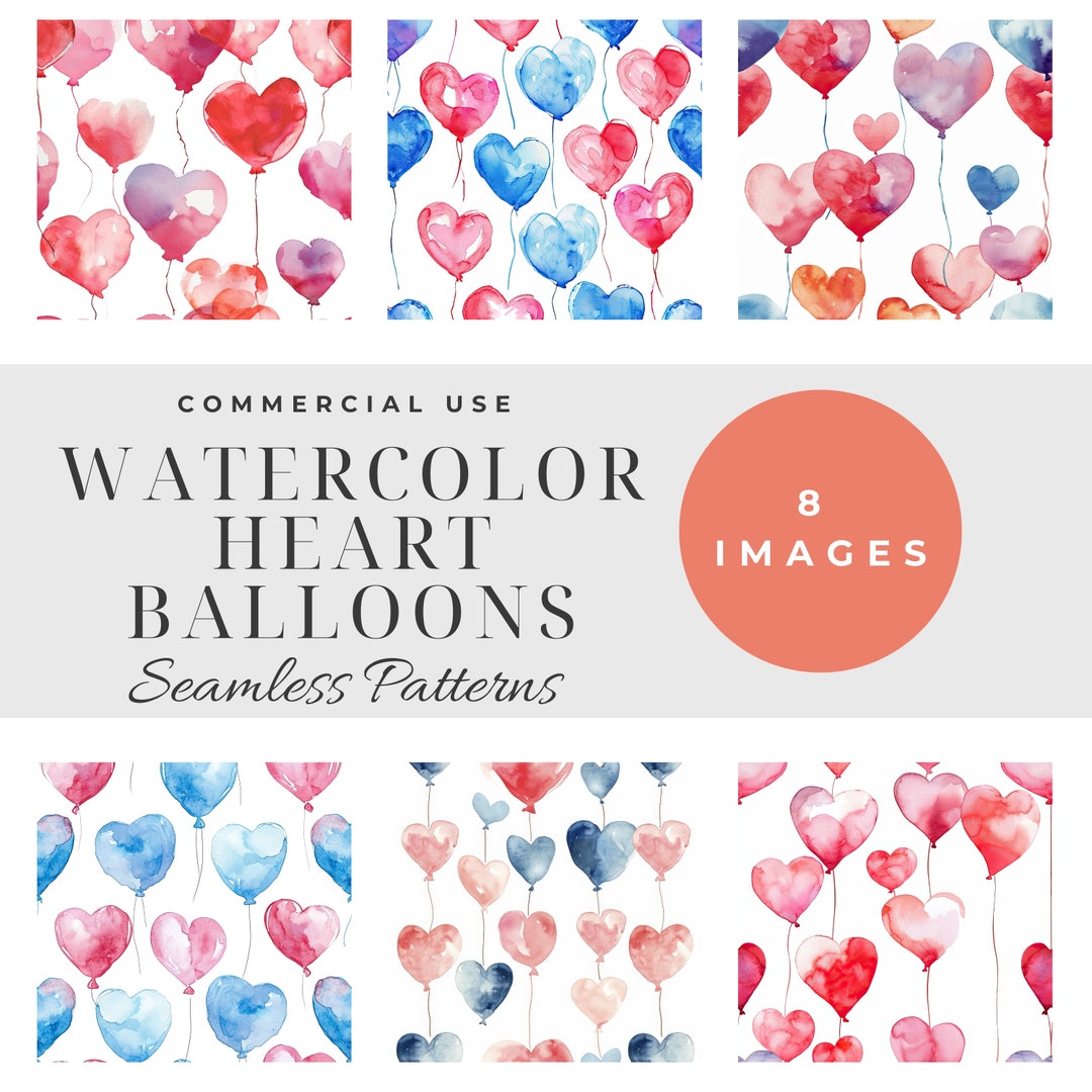Watercolor Heart Balloons Digital Paper Pack, Romantic Scrapbooking ...